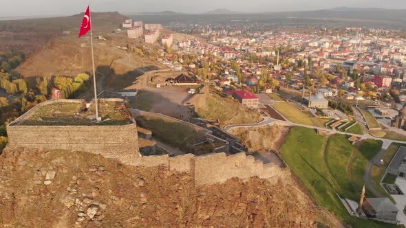 Flying Around of the Turkish Flag Over the Castle of Kars in Turkey ...