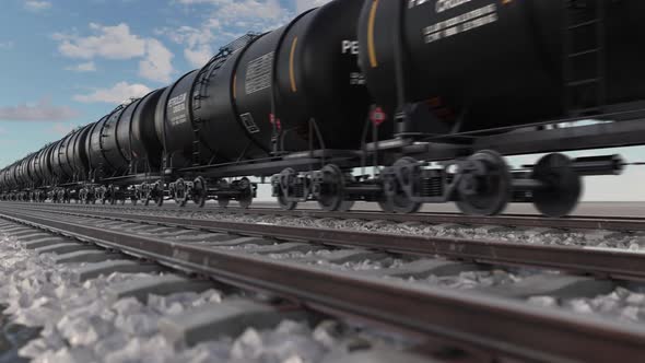 Cistern Petroleum Train with Crude Oil Moving Fast on Railroad, Motion ...