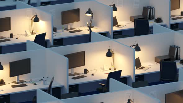 Row of endless cubicles in white, modern office space. Contemporary ...