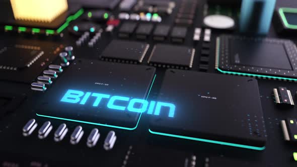 bitcoin header on the background of microprocessors on a circuit board ...
