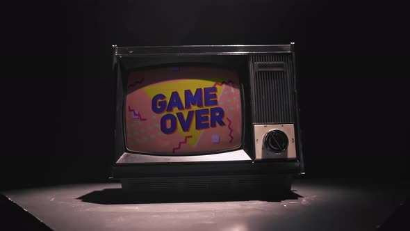 GAME OVER Title on a Tube TV Vintage 80's 90's Arcade. Zooming Out with ...