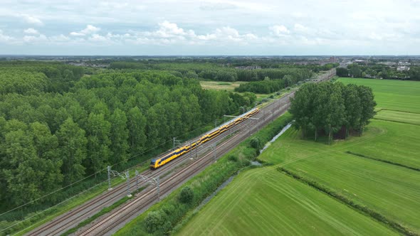 Dutch Moving Commercial Train in Nature Forrest Landscape, Stock Footage
