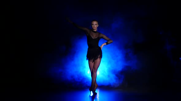 Girl Dancing Rumba. Smoke. Dark Background, Blue Backlight, Stock Footage