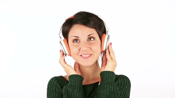 Smiling Young Woman Listening Music With Headphones Stock Footage