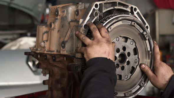 Flywheel Is Mounted To The Repaired Car Engine 2, Stock Footage | VideoHive