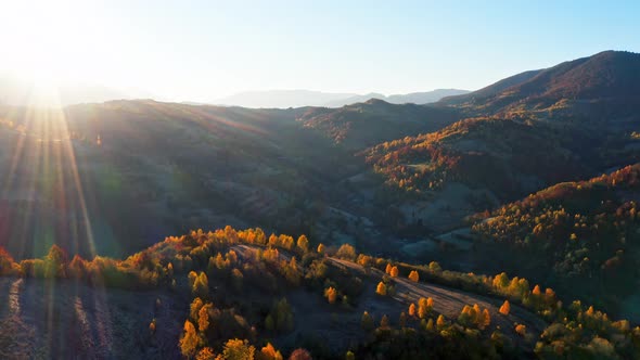 High Mountains with Terracota Trees at Bright Sunrise, Stock Footage