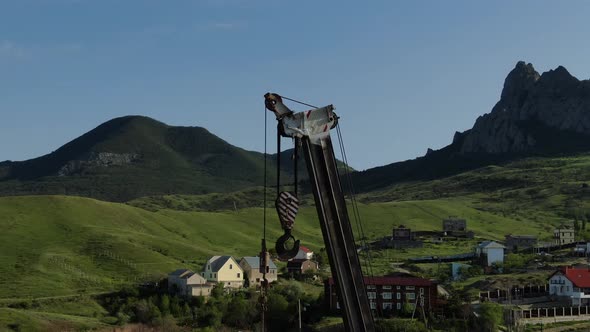 Main Boom Head of Building Mobile Crane at the Background of Rural ...