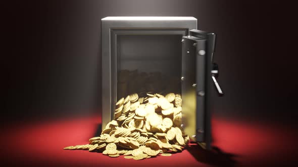 Opening of safe vault doors. Many antique, gold coins falling on red ...