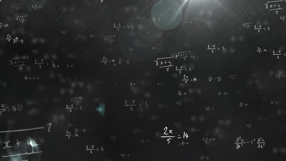 Animation of mathematical formulae moving on black chalkboard ...