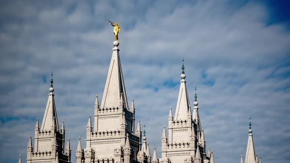 Long exposure time lapse of the upper steeples of the Mormon LDS Temple ...