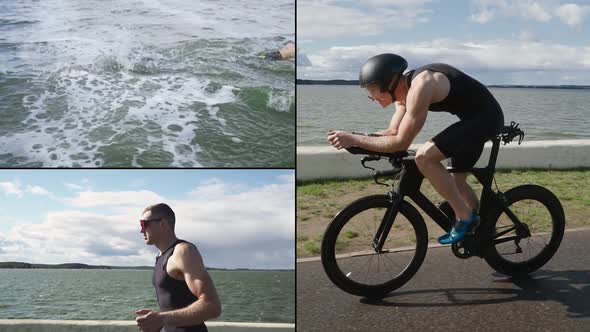 Triathlon Championship Split Screen Video of a Professional Athlete a ...