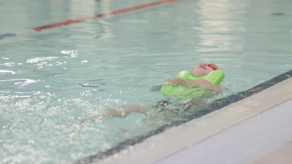 Caucasian Child Boy Kid Floating on Back in Swimming Pool Holding Green ...