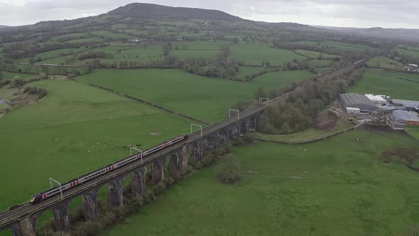 An aerial view of the a large Buxton railway bridge viaduct in the ...