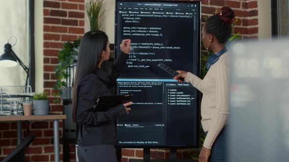 Team of Programmers Analyzing Code on Wall Screen Tv Looking for Bugs ...