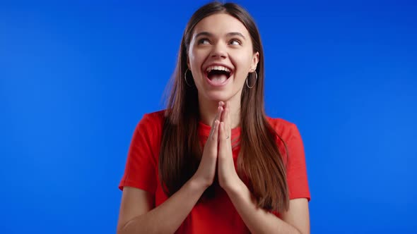 Girl is Very Glad and Happy She Claps Hands Because of Excellent News ...