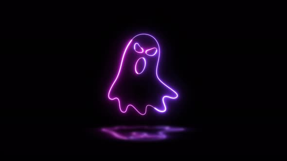 Neon glowing Ghost silhouette with reflection on a dark background ...