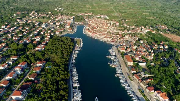 Stari Grad, Croatia. Flying Over Sea Gulf, Green Park Zone and Houses ...