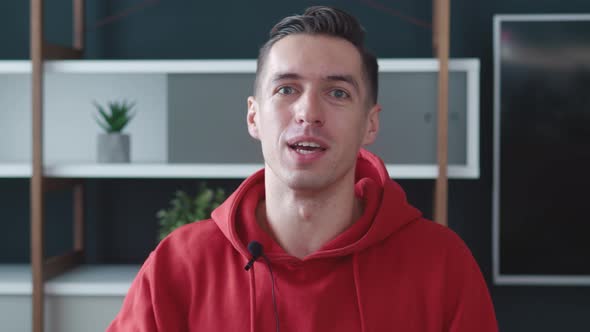 Man Vlogger Look at Camera Make Live Video Conference Call Online Chat ...