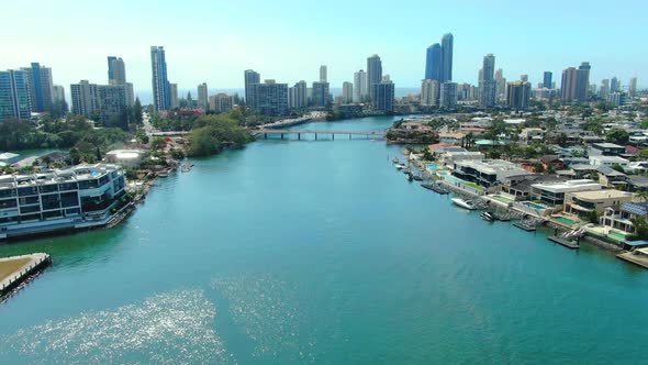 Drone shot cruising up beautiful Gold Coast canal.Stunning views of ...