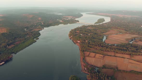 Aerial View of Chapora River and Siolim Bridge in Goa, Stock Footage