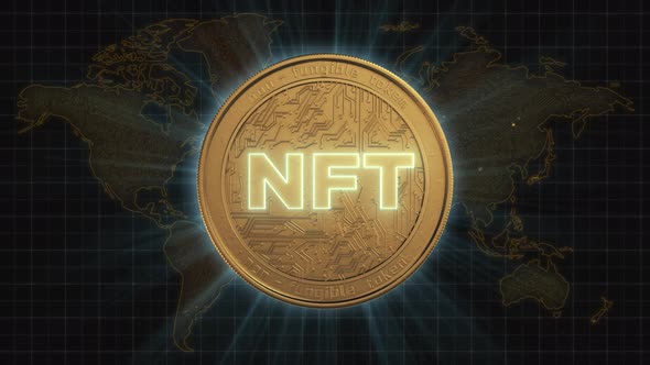 Glowing NTF Coin Token Rotates on World Map Background, Motion Graphics