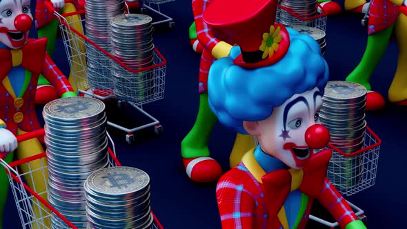 4K fun animation of clowns shopping cryptocurrency, Motion Graphics