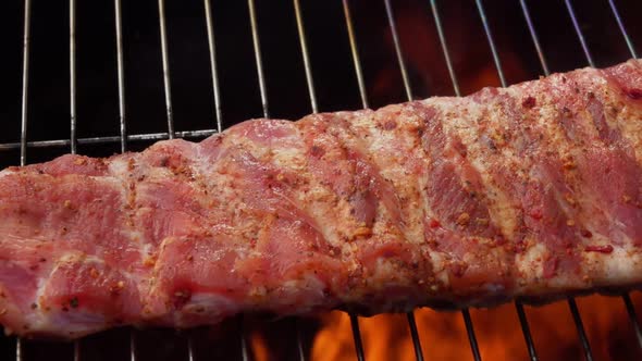 Closeup of the Delicious Raw Ribs Placed on the Grill Grid, Stock Footage