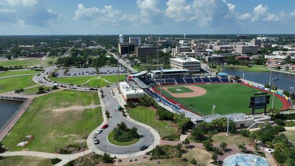 Aerial view of Blue Wahoo Stadium and downtown Pensacola, Florida ...