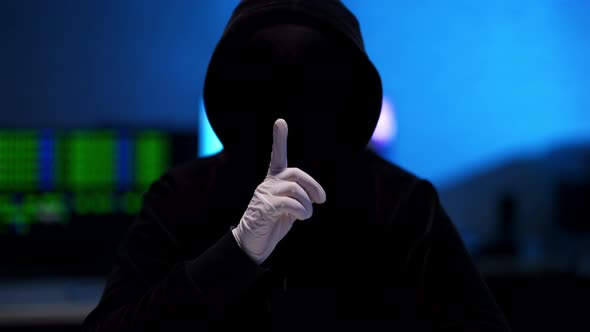 Masked Male Hacker Putting Finger on Lips Making Hush Gesture, Stock ...