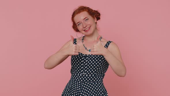 Redheaded Woman Raises Thumbs Up Agrees Or Gives Positive Reply