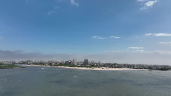 An aerial view over Gravesend Bay in Brooklyn, NY on a beautiful day ...