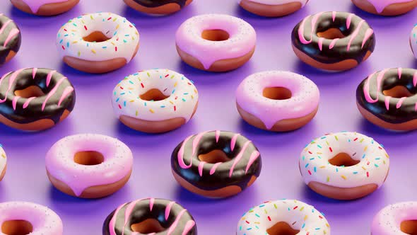 Seamless loop animation of jumping donuts. Colourful various decorated ...
