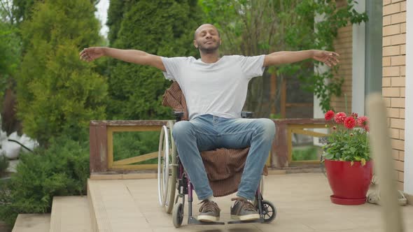 Wide Shot Portrait of Smiling Cheerful Paraplegic Man in Wheelchair ...