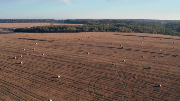 Beautiful morning flight over haystacks. The field is covered with hay ...
