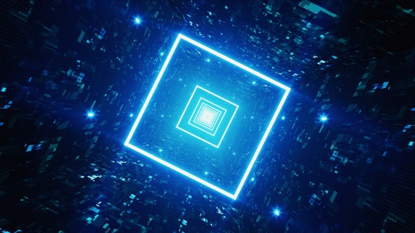 Glowing Blue Square Light in the Cyber Tunnel VJ Loop, Motion Graphics