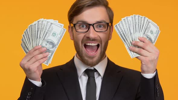 Happy Man Bragging With Big Sum of Cash, Lottery or Casino Winning ...