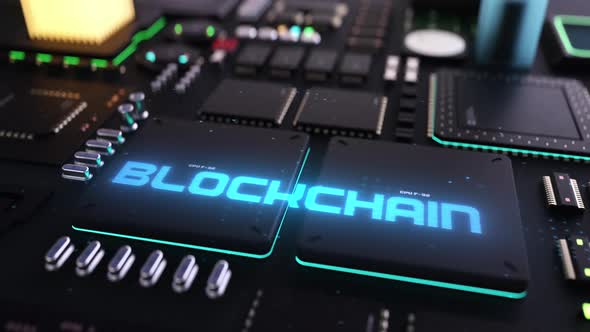 blockchain header on the background of a chip with many processes ...