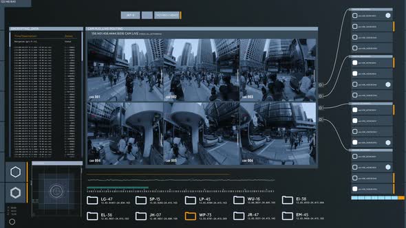 Futuristic spy monitoring system is observing the busy intersection of ...