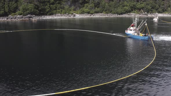 Fishing Trawler Haul Net On Sea With Caught Fish In Alaska. - aerial ...