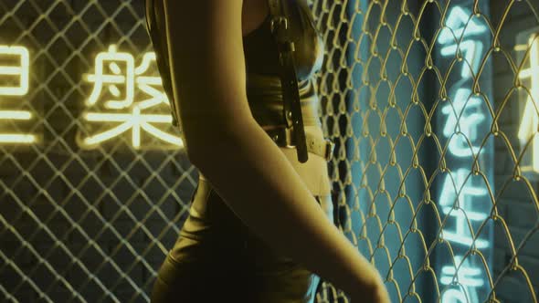 Cyberpunk Girl Standing by Netting Fence, Stock Footage | VideoHive