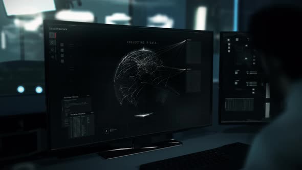 Intelligence Agency Spy Analyzing Global Map In Computer To Locate ...