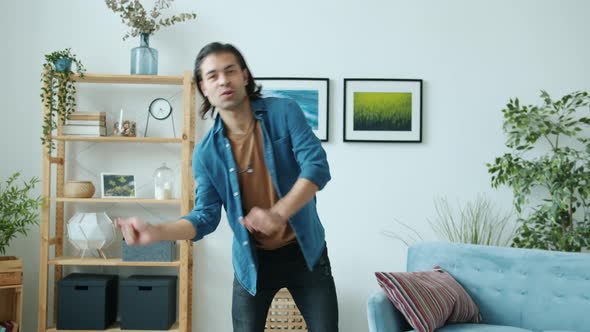 Portrait of Handsome Guy Blogger Dancing Speaking Showing Thumbsup ...