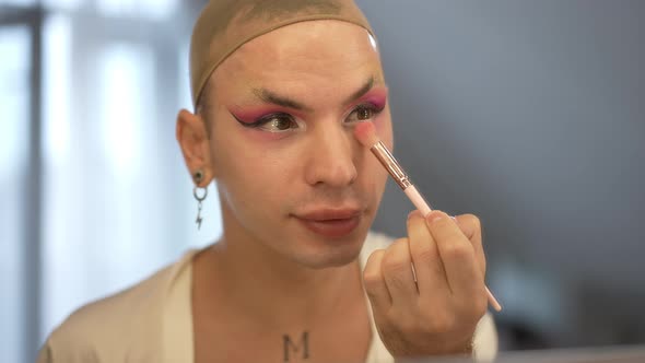 Front View Reflection in Mirror Young Queer LGBT Woman Applying Makeup ...