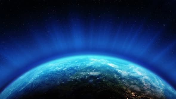 Close-up view of Blue Earth space at Night and Day Lights on Planet ...
