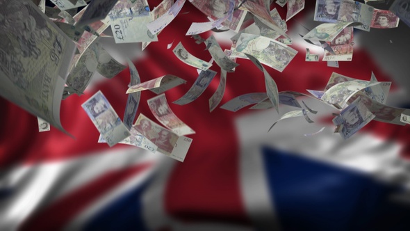Falling pound Sterling Banknotes with England flag Pack, Motion Graphics