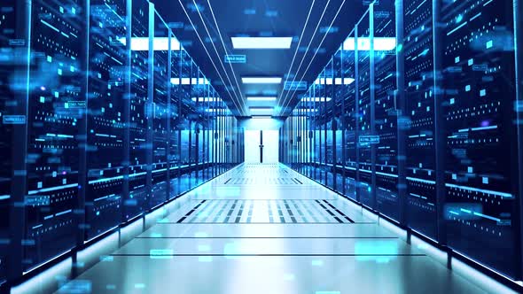 Camera Moving Through Rack Servers in Data Center. Big Data Storage ...