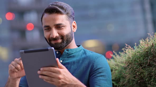 Smiling Indian Professional Business Man Using Digital Tablet Outdoors ...
