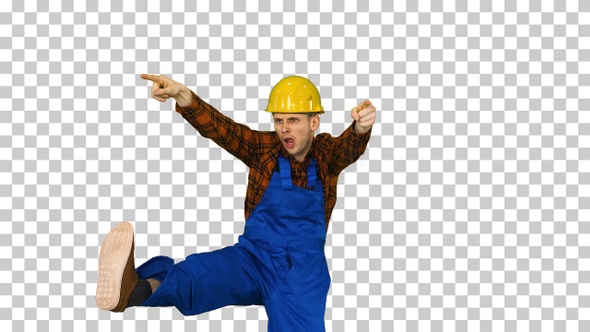 Dancing young engineer with helmet after work, Alpha Channel, Stock Footage