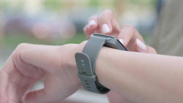 Close Up of Female Hand Using Smartwatch Outdoor, Stock Footage | VideoHive