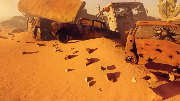 Destroyed And Rusty Cars In The Desert, Motion Graphics | VideoHive